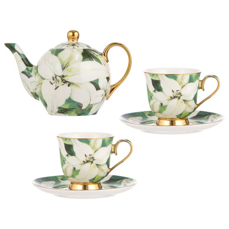 Bold Blooms White Lily Teapot & 2 Teacup Set – Dazzled