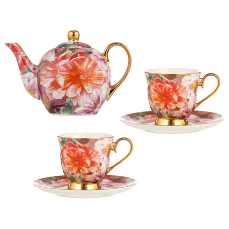 Bold Blooms Peach Peony Teapot & 2 Teacup Set – Dazzled